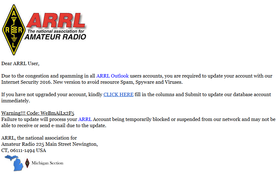 “Warning” Notices to ARRL E-Mail Users are Bogus